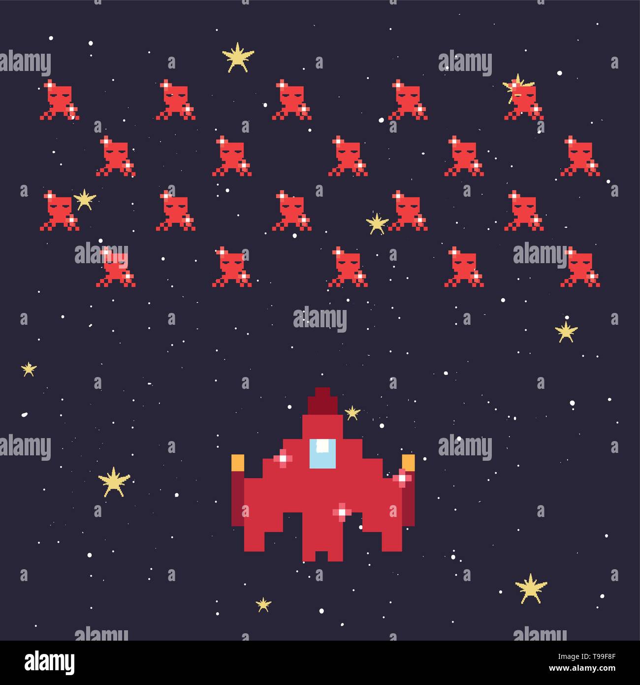 spaceship aliens battle pixel background video game retro vector ...