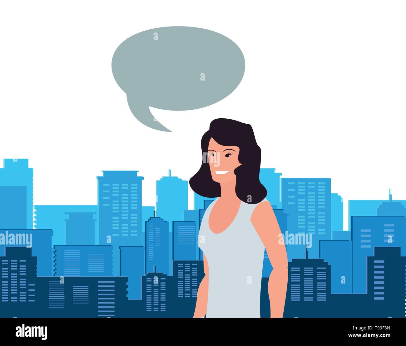 business woman speech bubble city street sky background vector ...