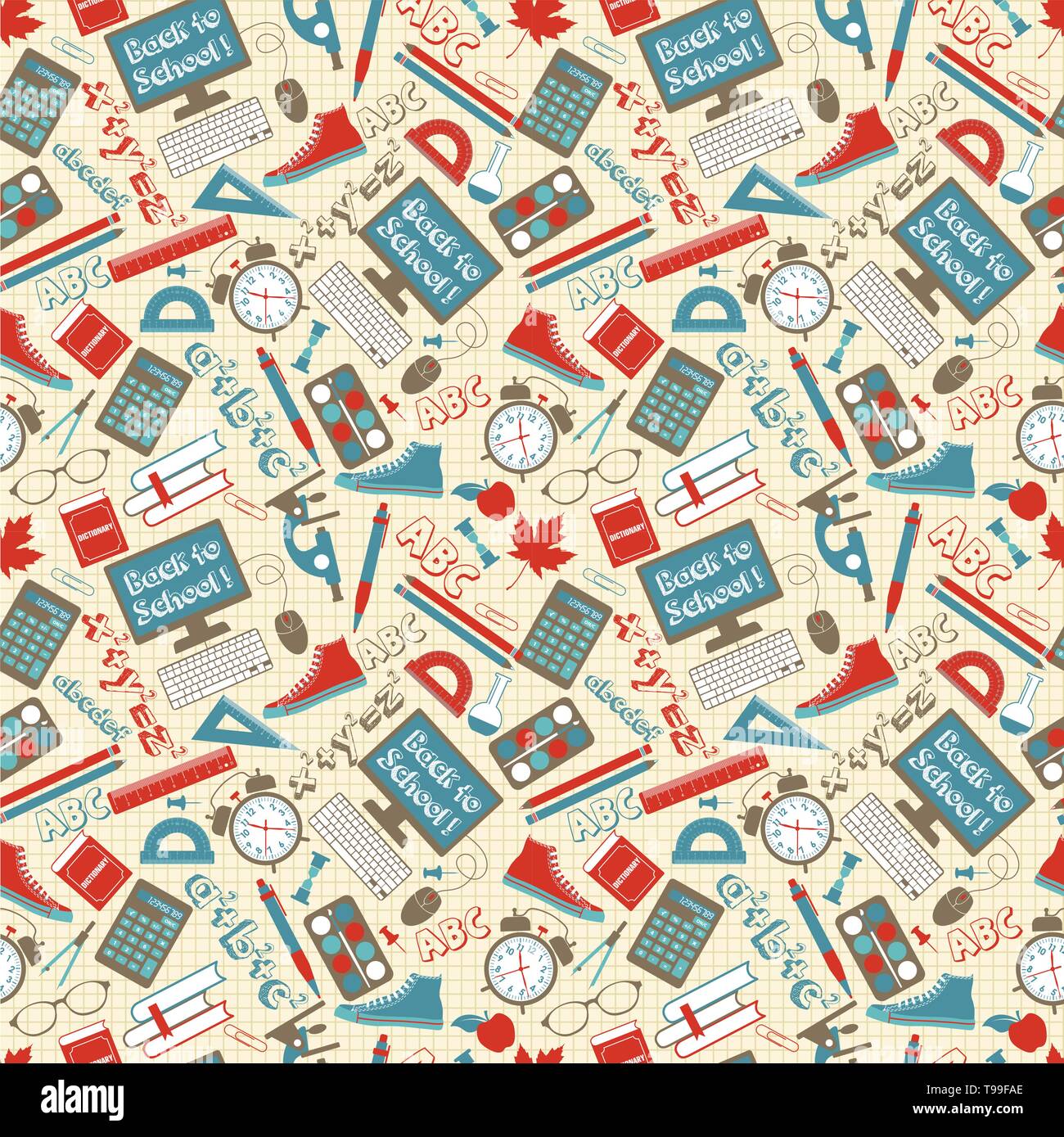 Seamless pattern with different school supplies cage background ...