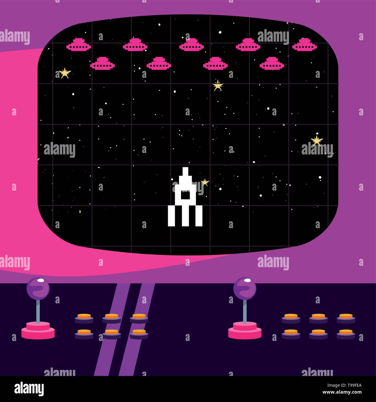 arcade video game screen with pixel invaders and spaceship controller ...