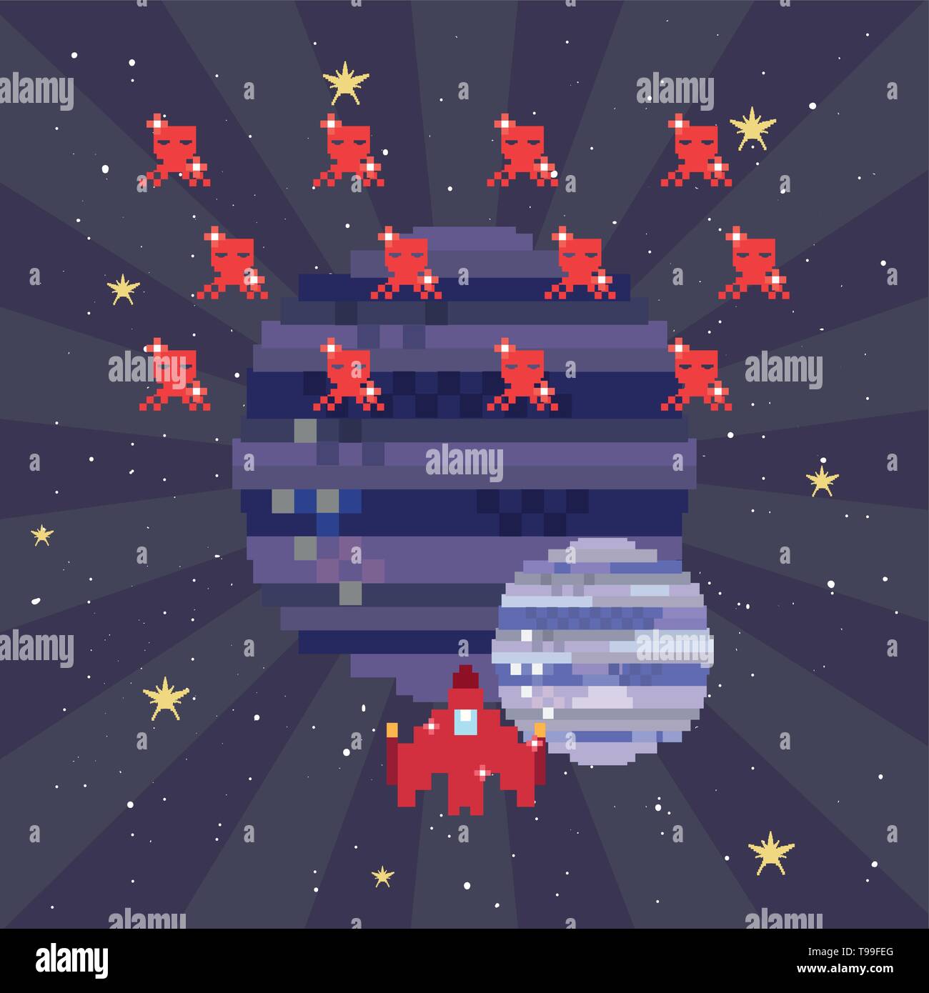 spaceship battle pixel background video game retro vector illustration ...