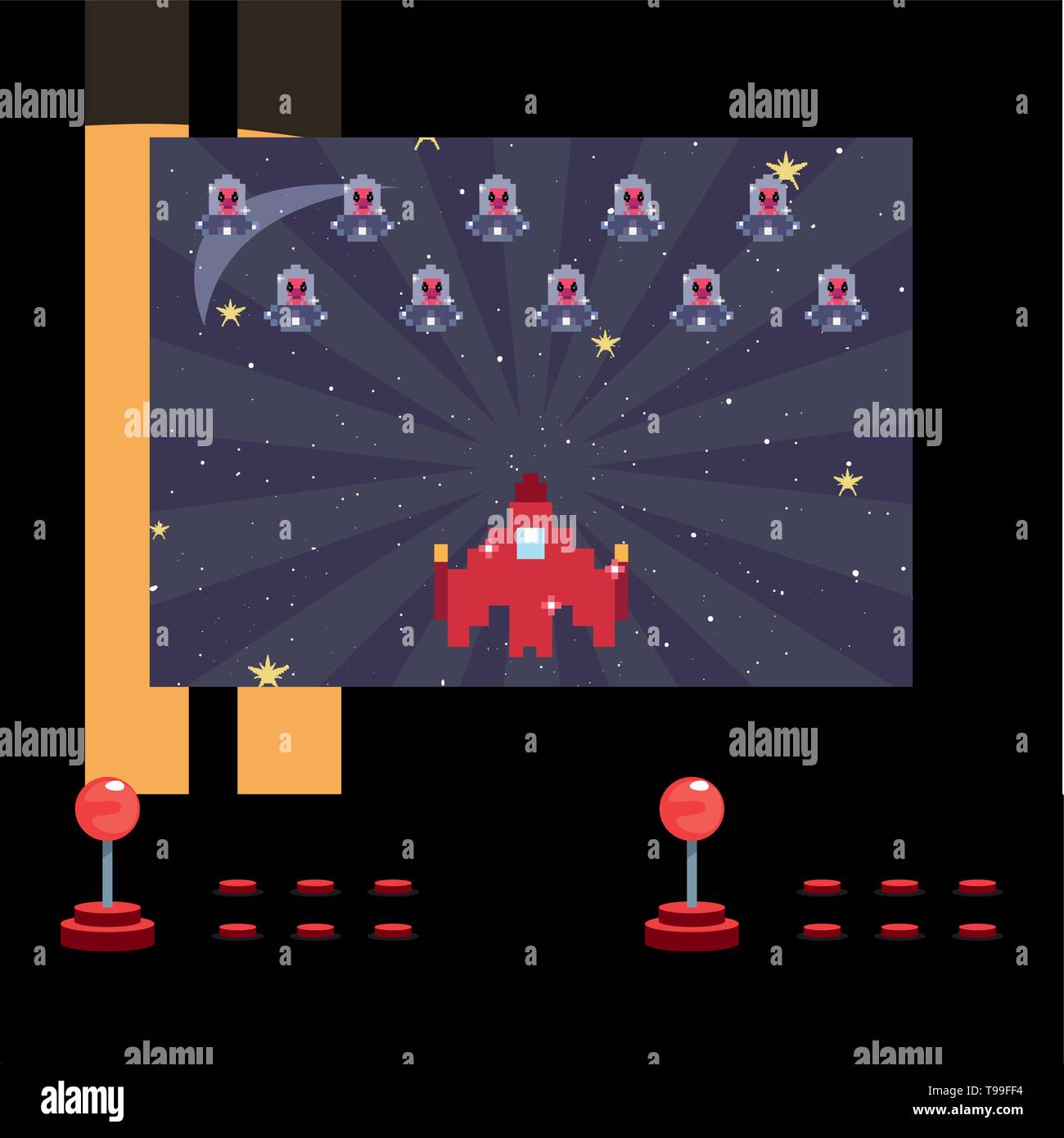 arcade video game screen with pixel invaders and spaceship controller ...