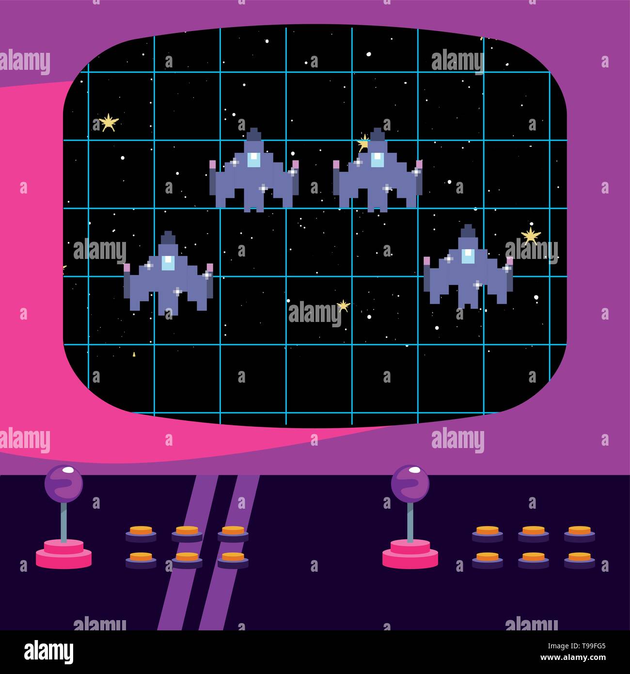 arcade game screen with pixel spaceship vector illustration Stock ...