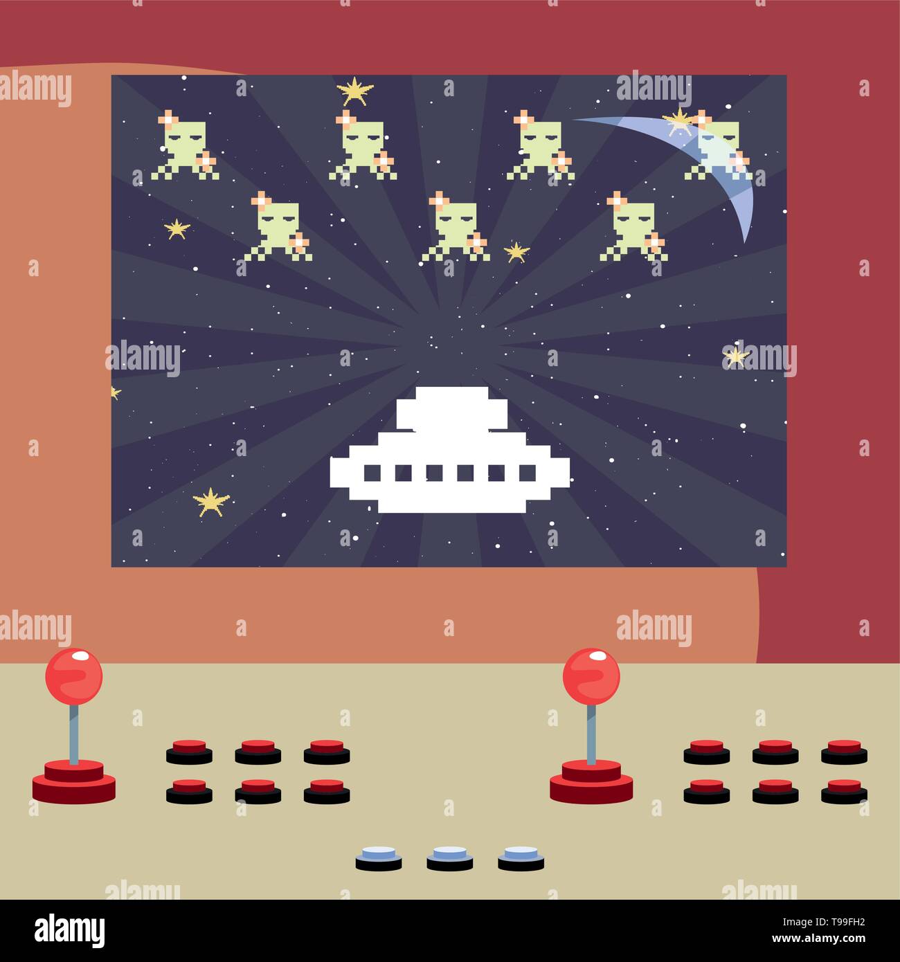 arcade video game screen with pixel invaders and spaceship controller ...