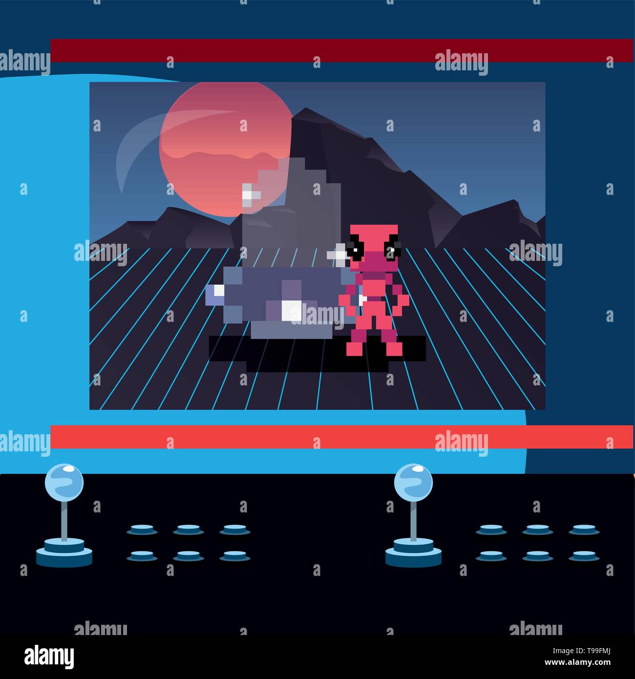 arcade game screen pixel invader character planet ufo vector ...