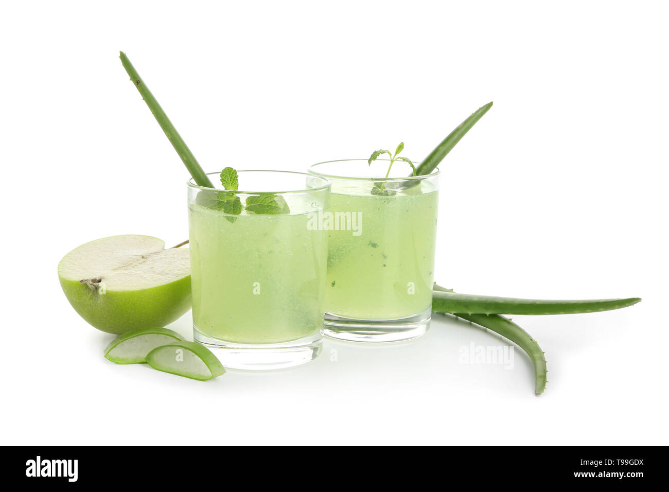 Glasses of healthy aloe cocktail on white background Stock Photo - Alamy