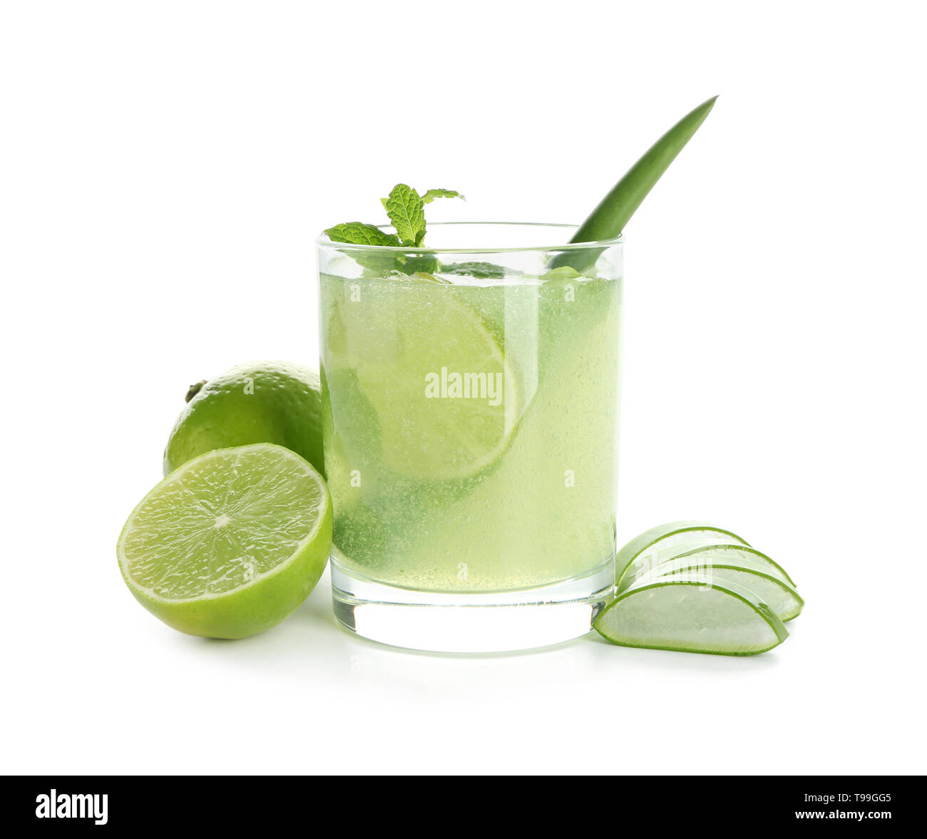 Glass of healthy aloe cocktail on white background Stock Photo - Alamy