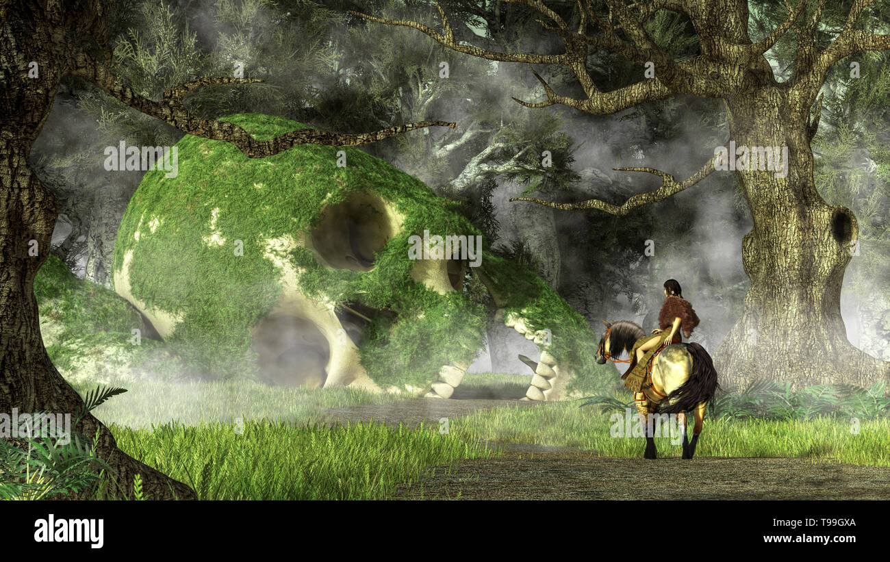 In a dense forest, a Native American woman on horseback approaches the ...