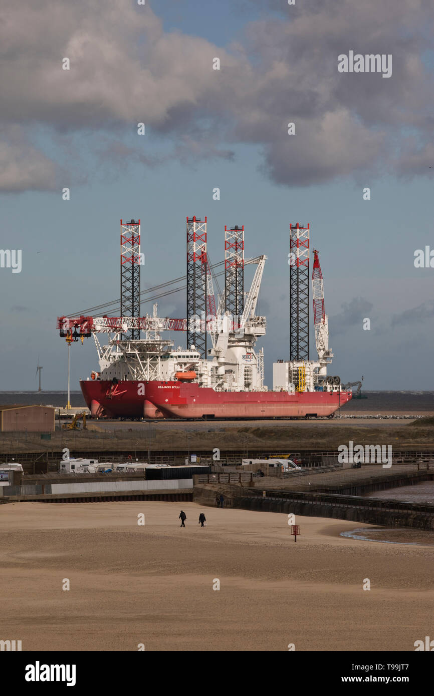 Moored at Great Yarmouth, the Seajacks Scylla, a self-propelled jack-up ...