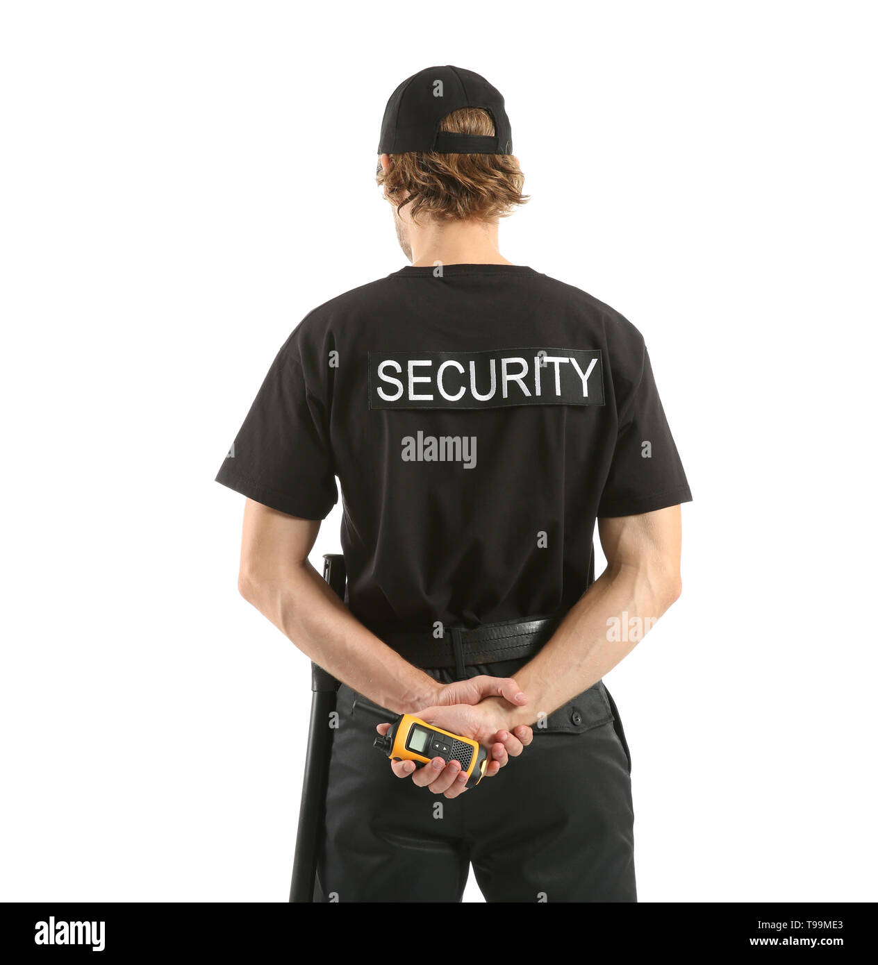 Male security guard with portable radio transmitter on white background ...