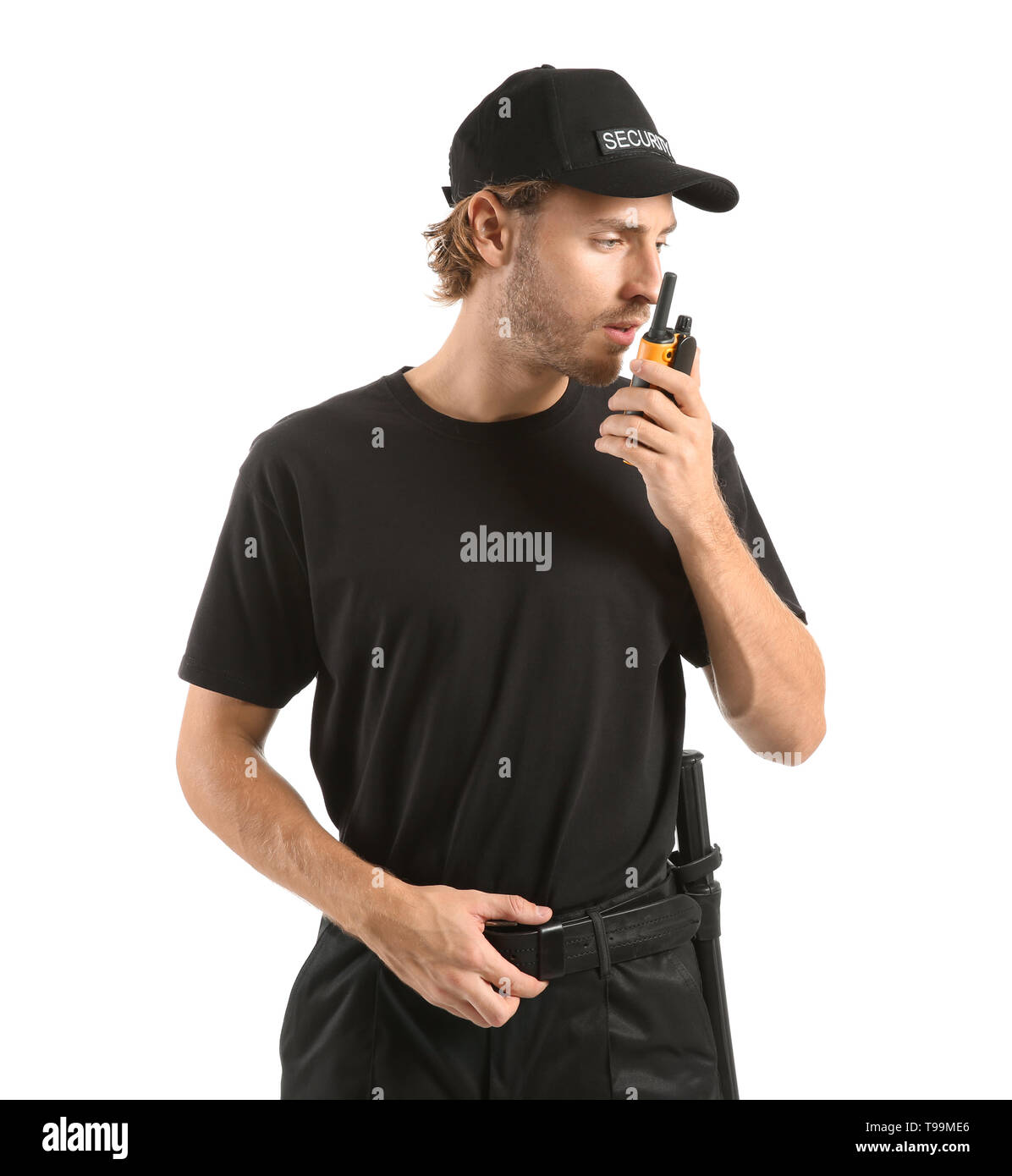 Male security guard with portable radio transmitter on white background ...
