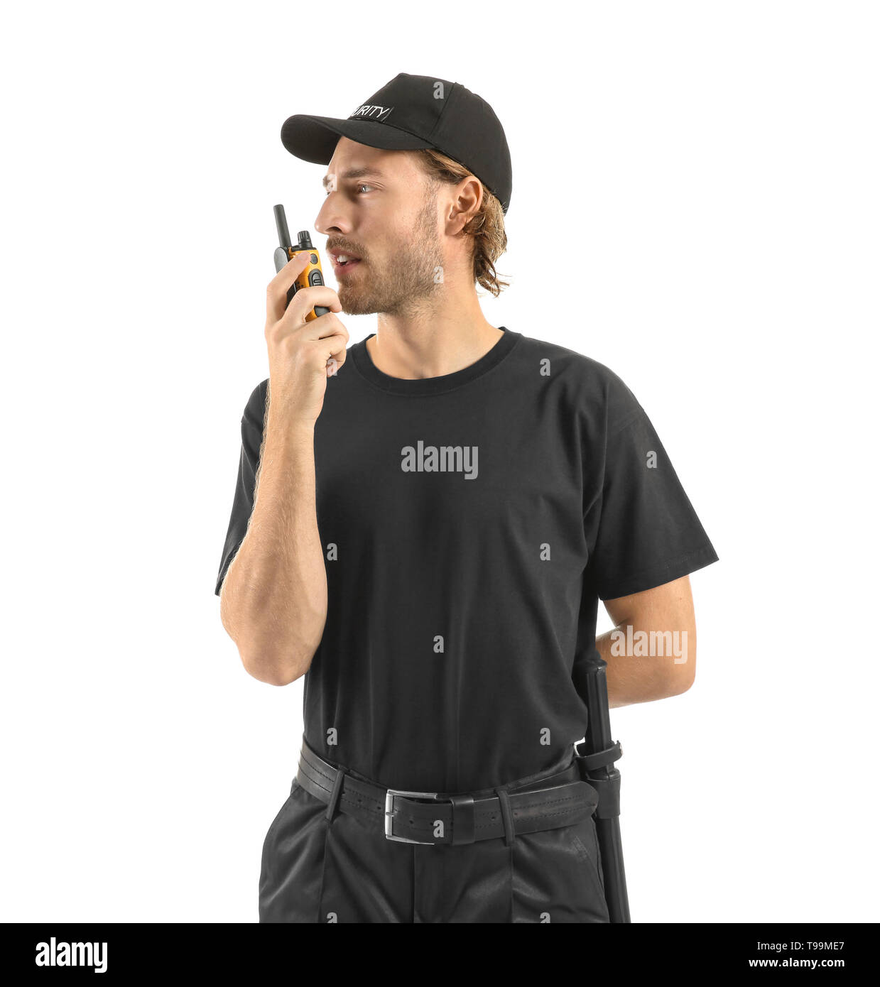 Male security guard with portable radio transmitter on white background ...