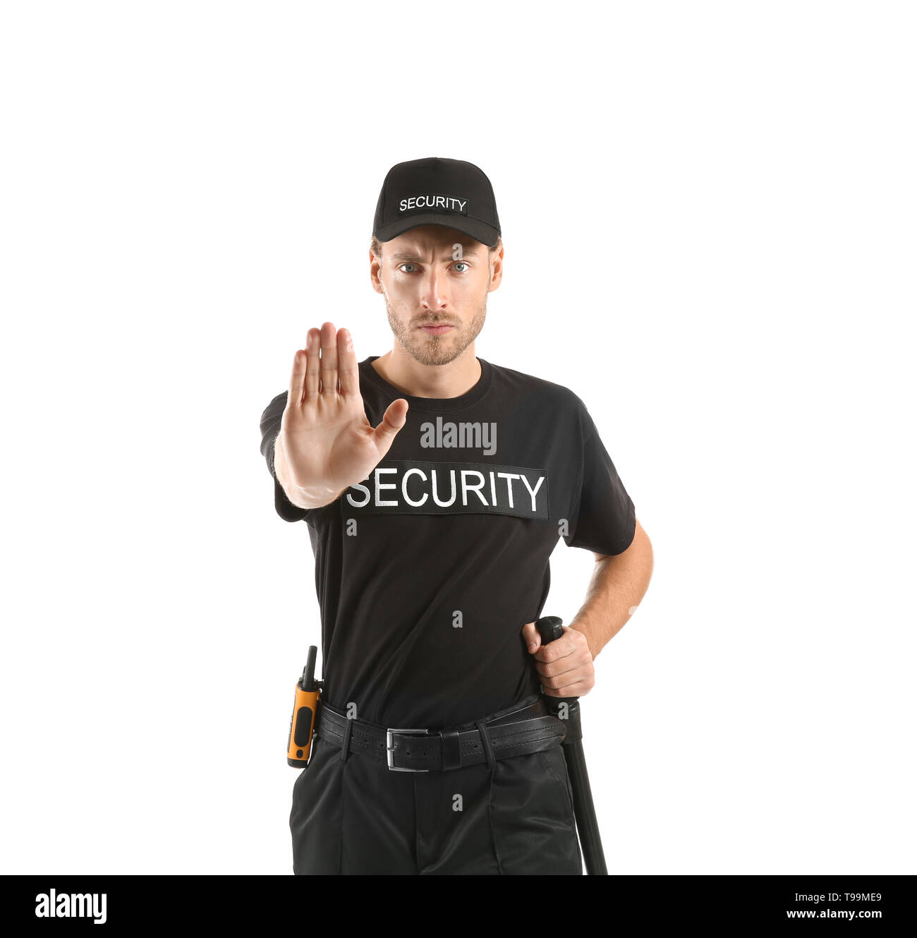 Male security guard showing Stop gesture on white background Stock ...