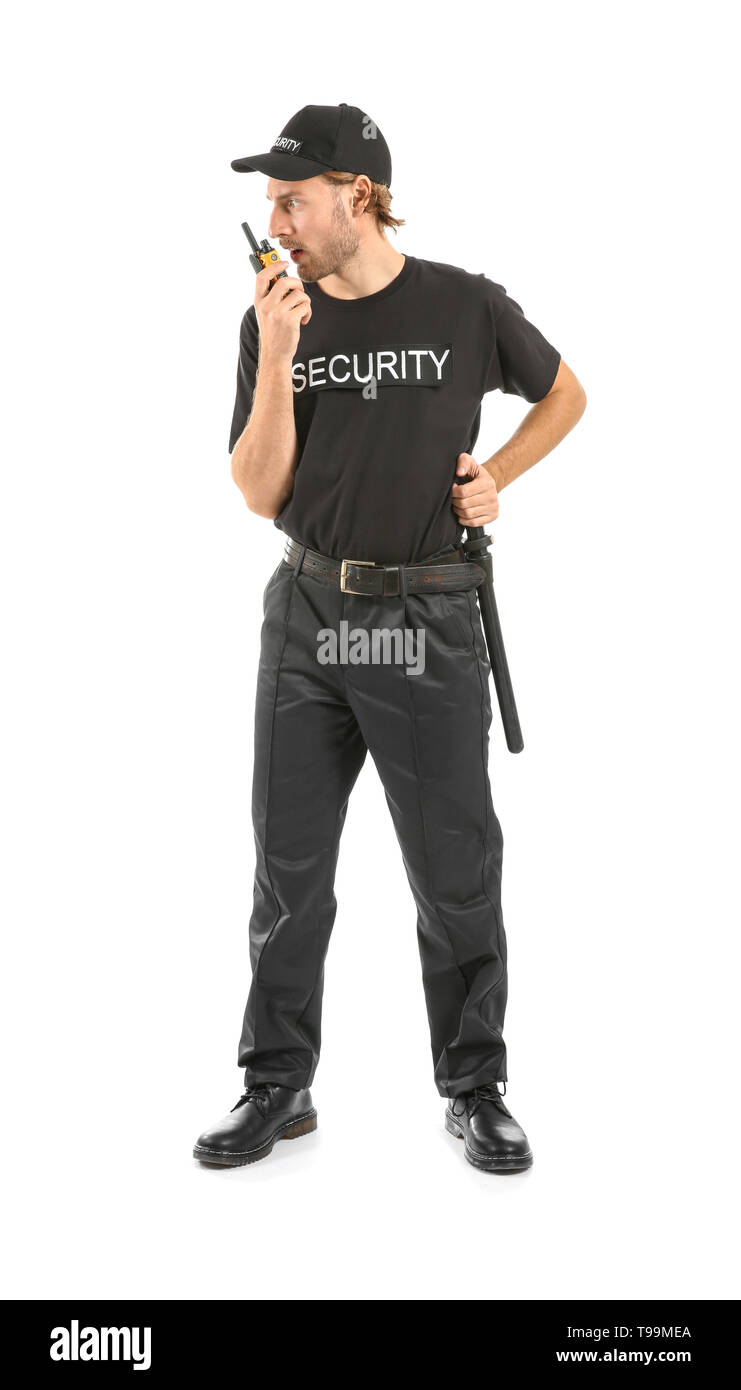 Male security guard with portable radio transmitter on white background ...