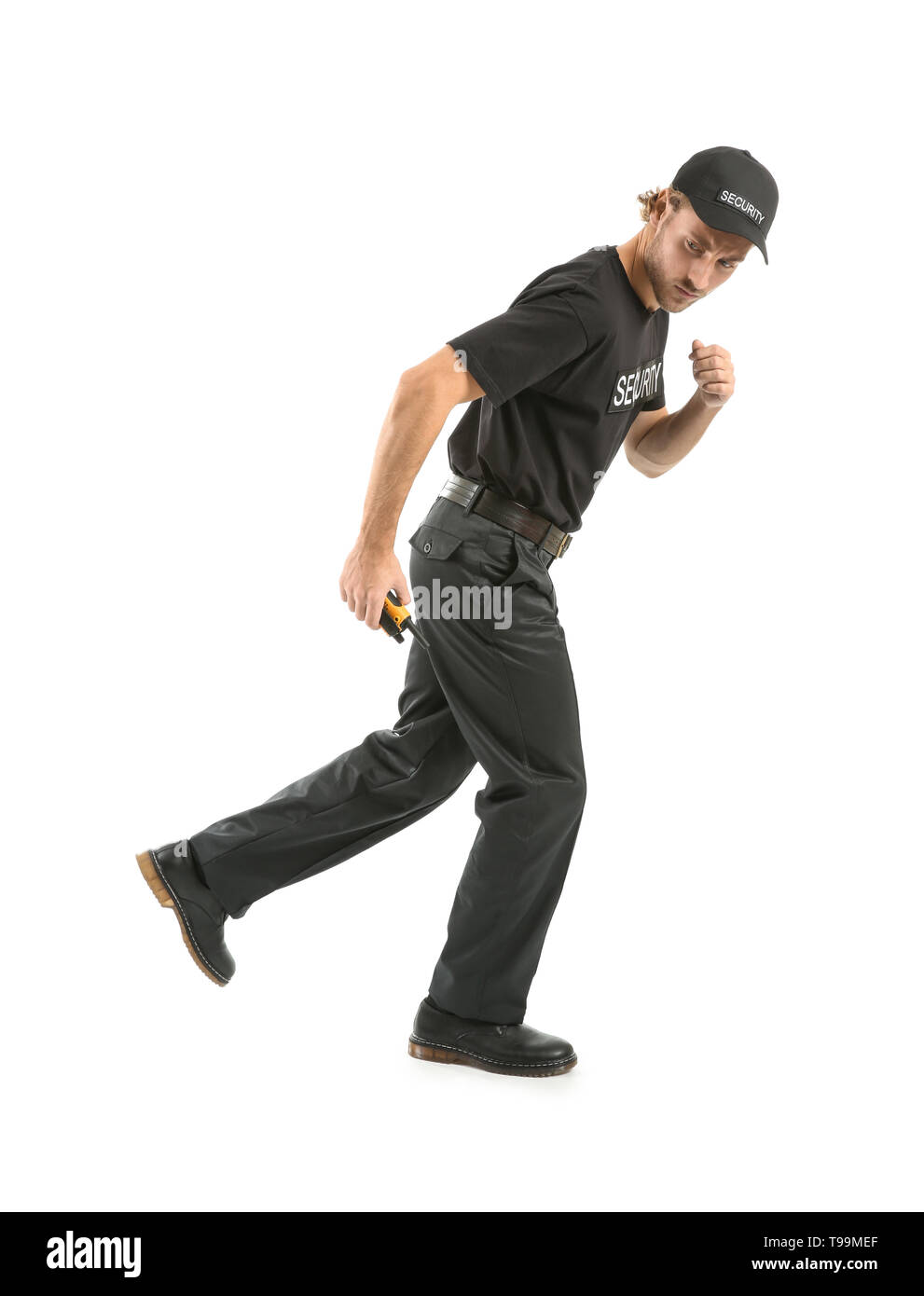 Running security guard on white background Stock Photo - Alamy