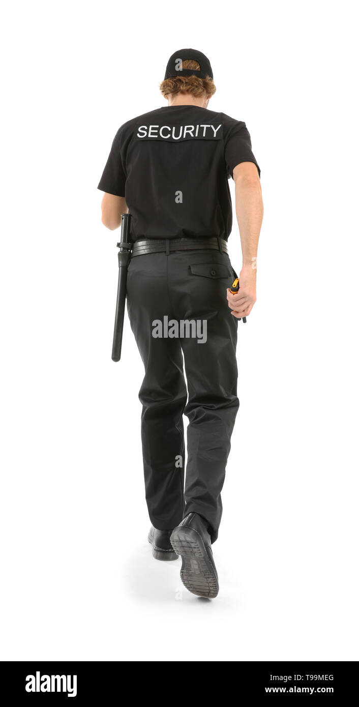 Running security guard on white background, back view Stock Photo - Alamy