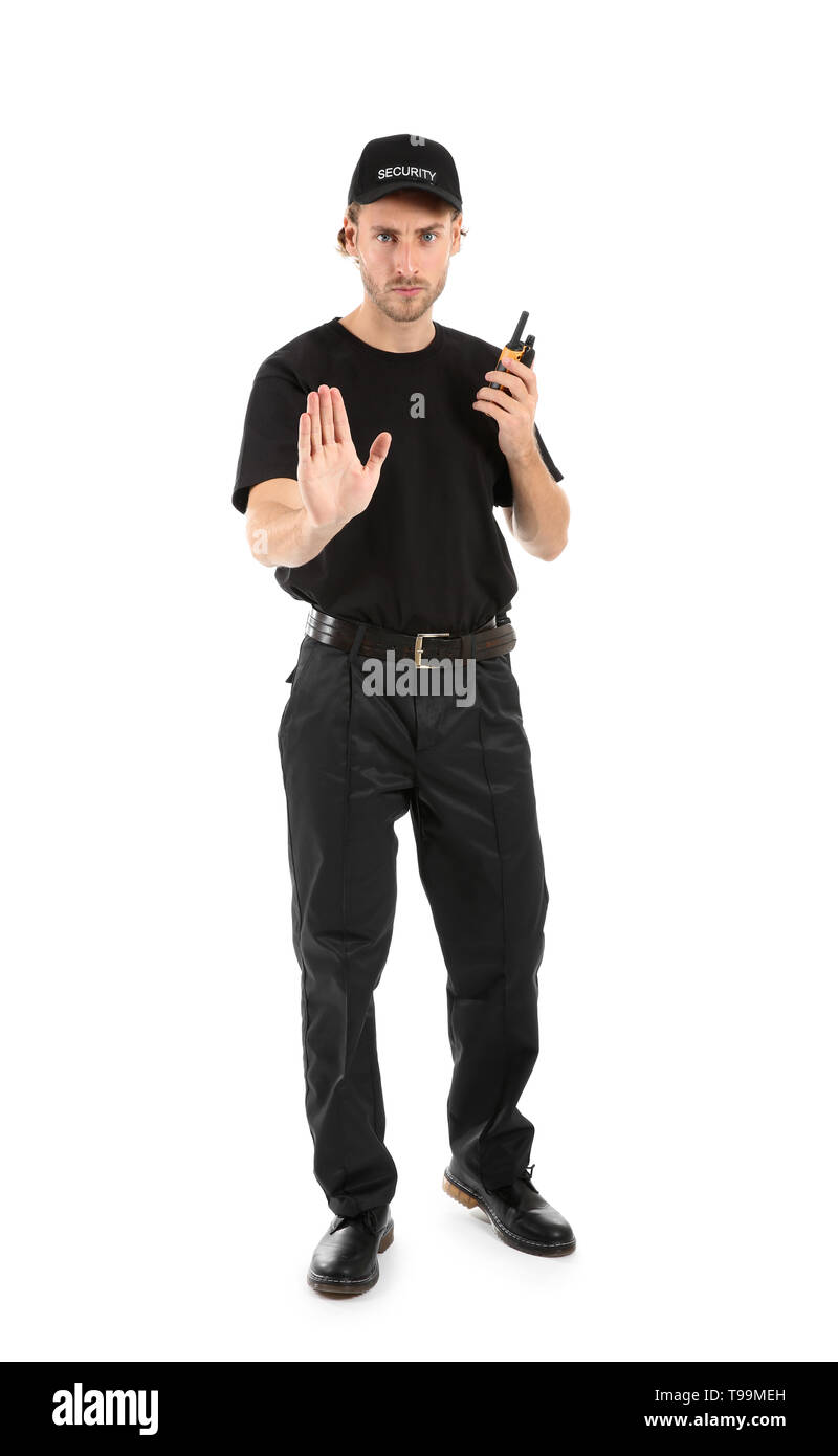 Male security guard showing Stop gesture on white background Stock ...