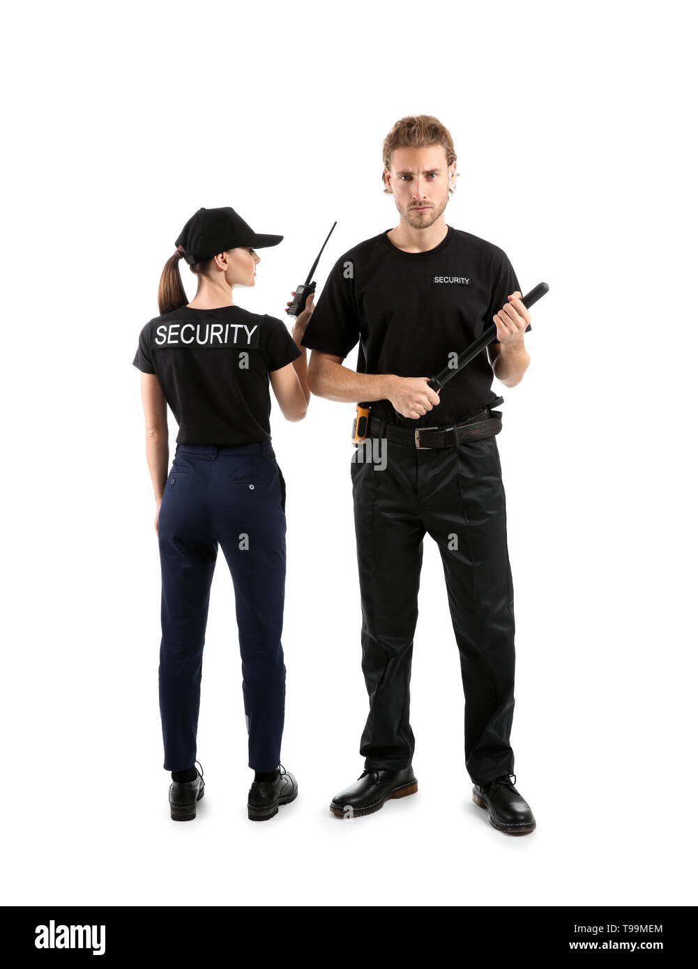 Male and female security guards on white background Stock Photo - Alamy