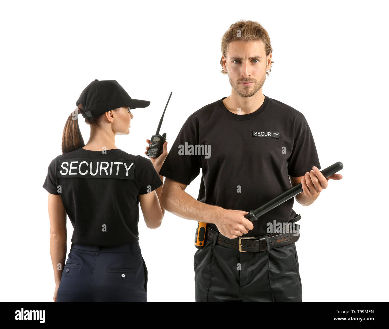 Male and female security guards on white background Stock Photo - Alamy