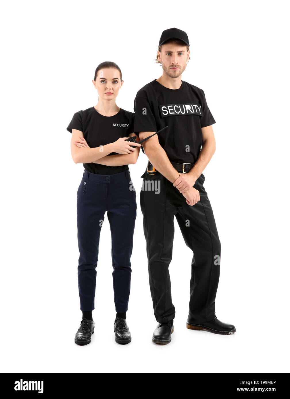 Male and female security guards on white background Stock Photo - Alamy