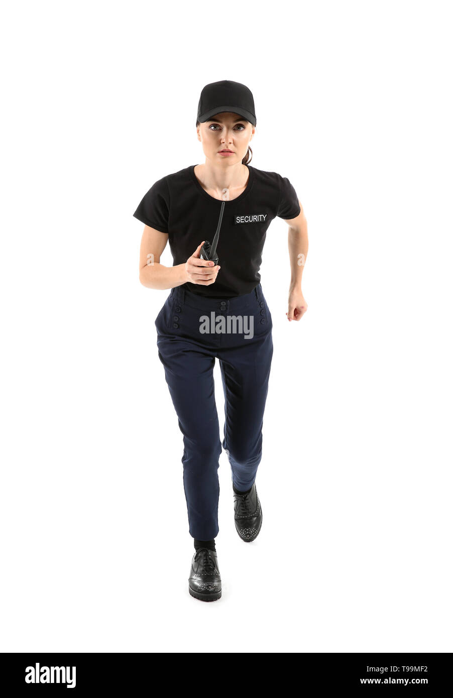 Running security guard on white background Stock Photo - Alamy