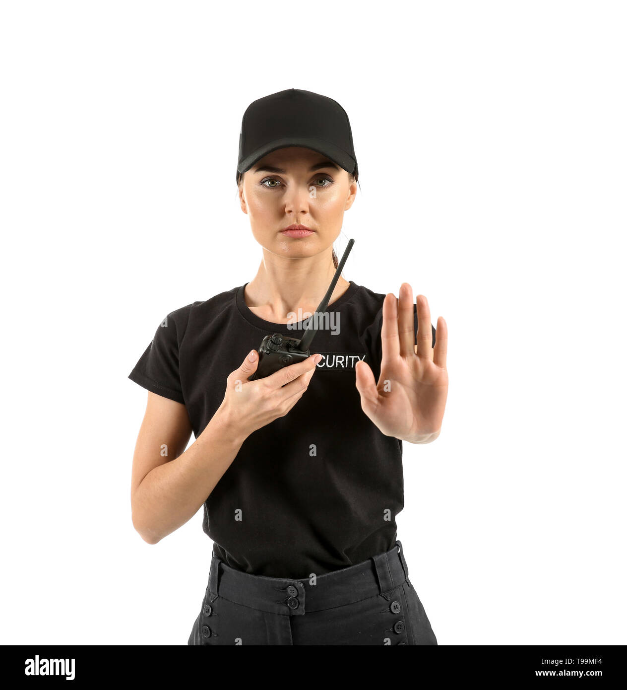 Female security guard showing Stop gesture on white background Stock ...