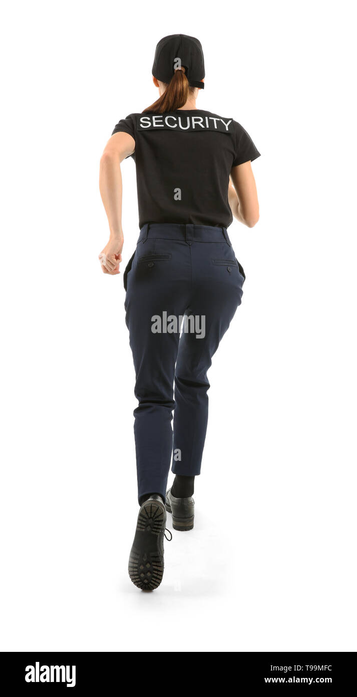 Running security guard on white background, back view Stock Photo - Alamy