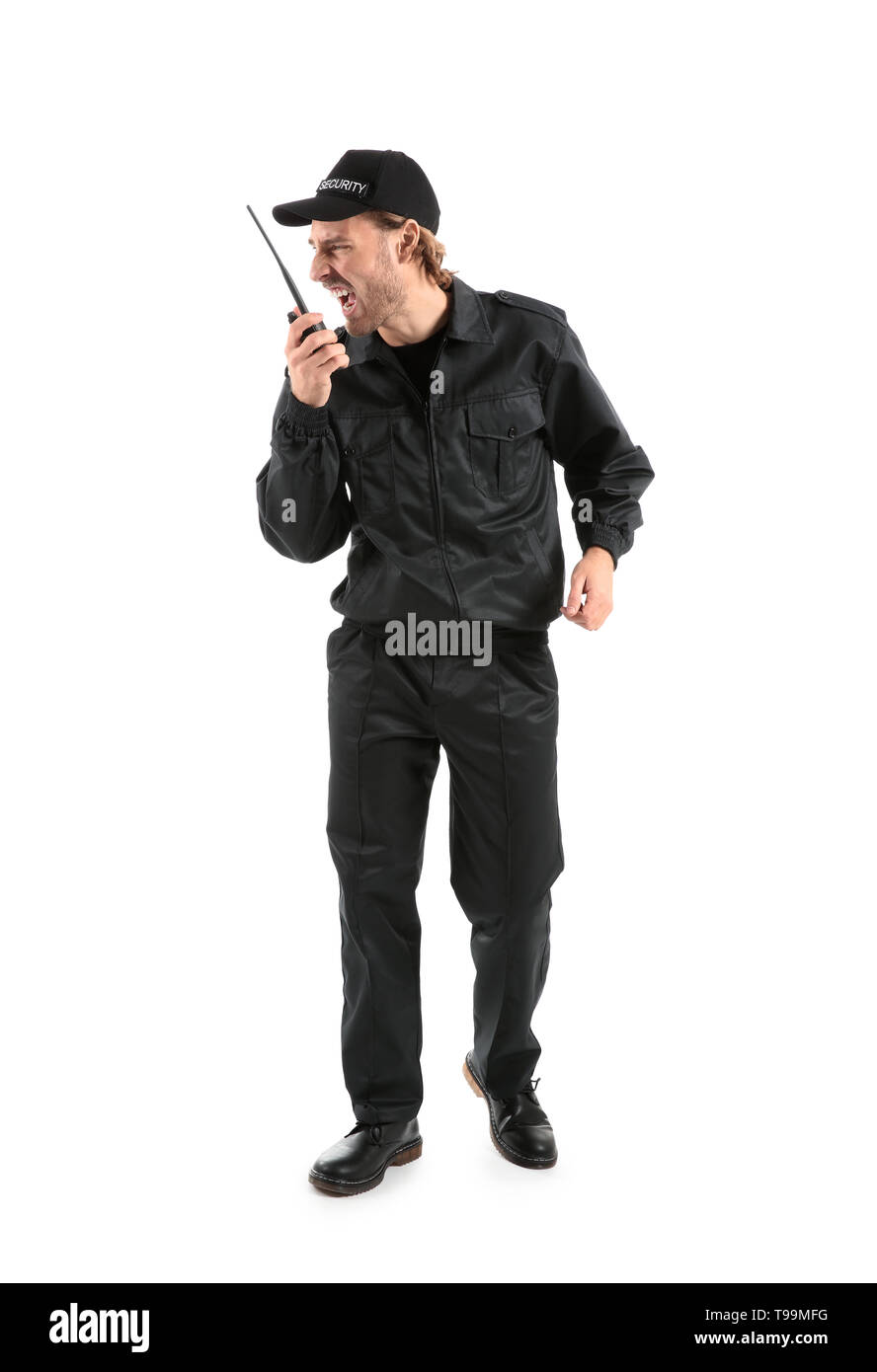Male security guard with portable radio transmitter on white background ...