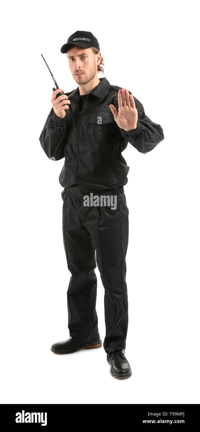 Male security guard showing Stop gesture on white background Stock ...