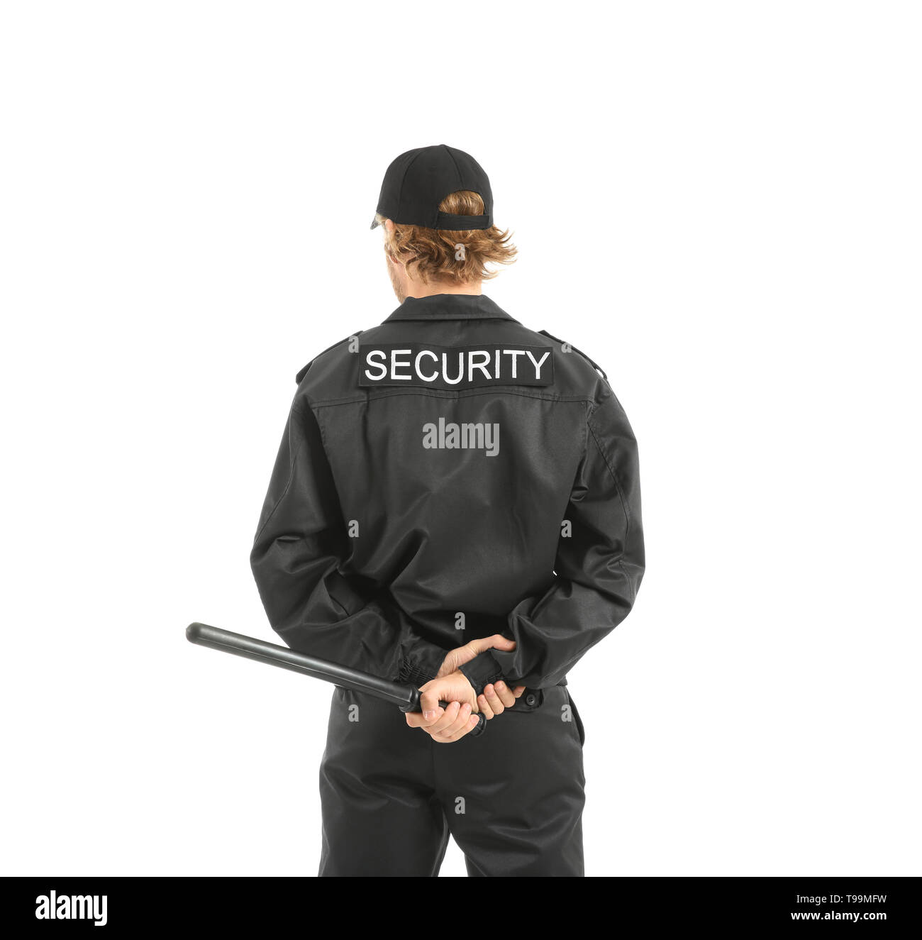 Male security guard with baton on white background Stock Photo - Alamy