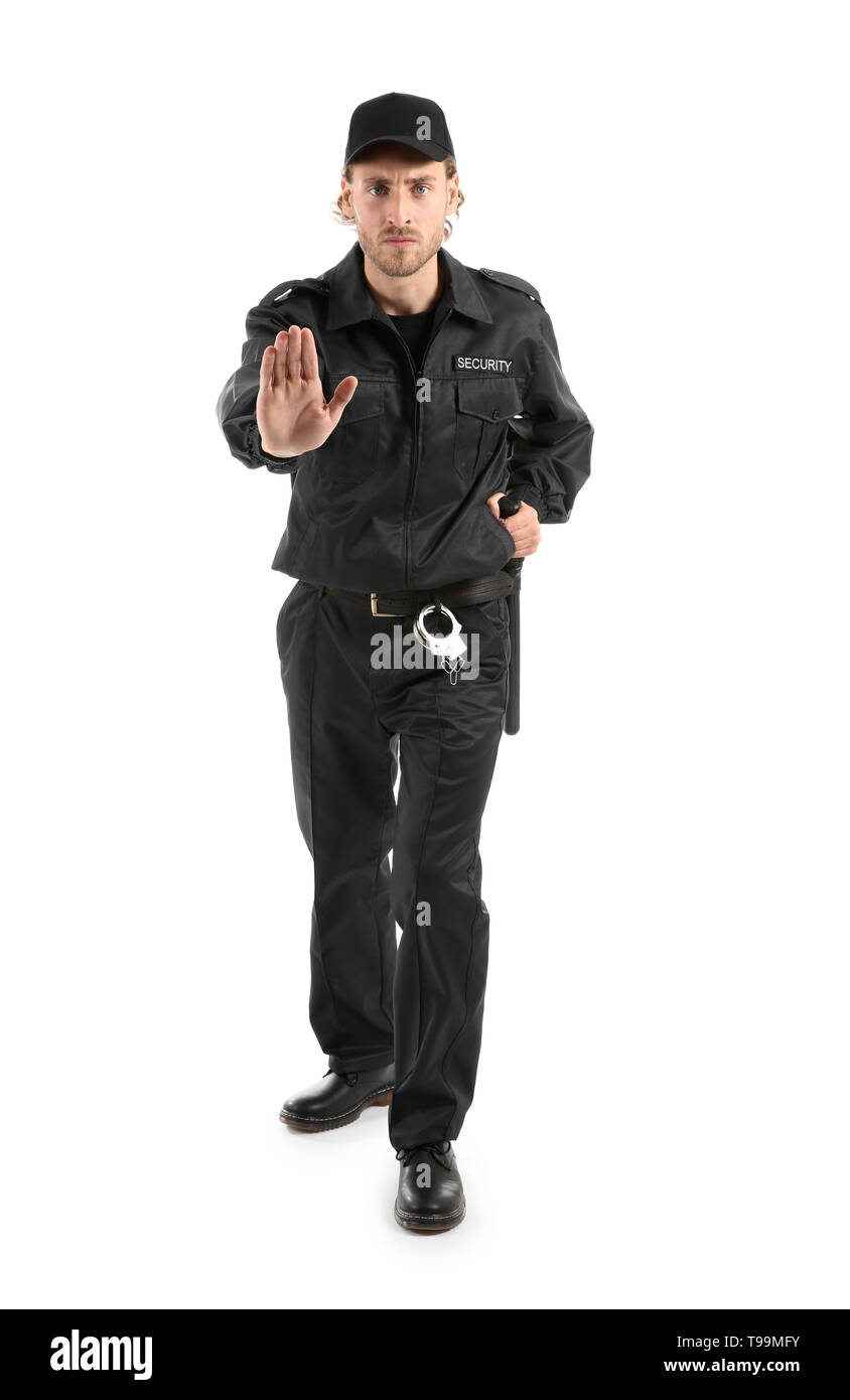 Male security guard showing Stop gesture on white background Stock ...