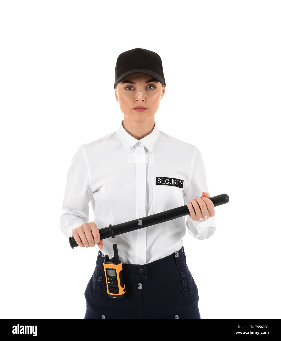 Female security guard with baton on white background Stock Photo - Alamy