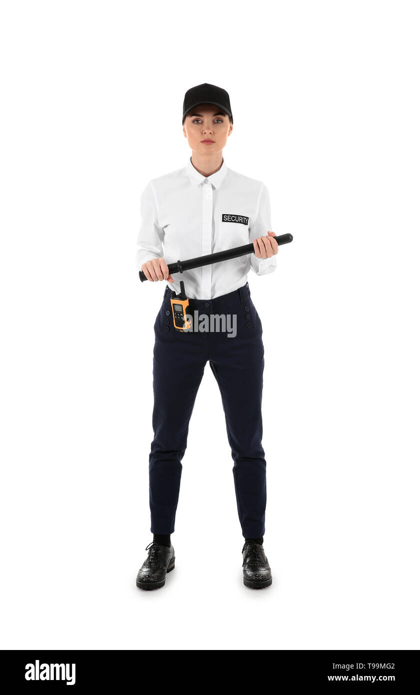 Female security guard with baton on white background Stock Photo - Alamy