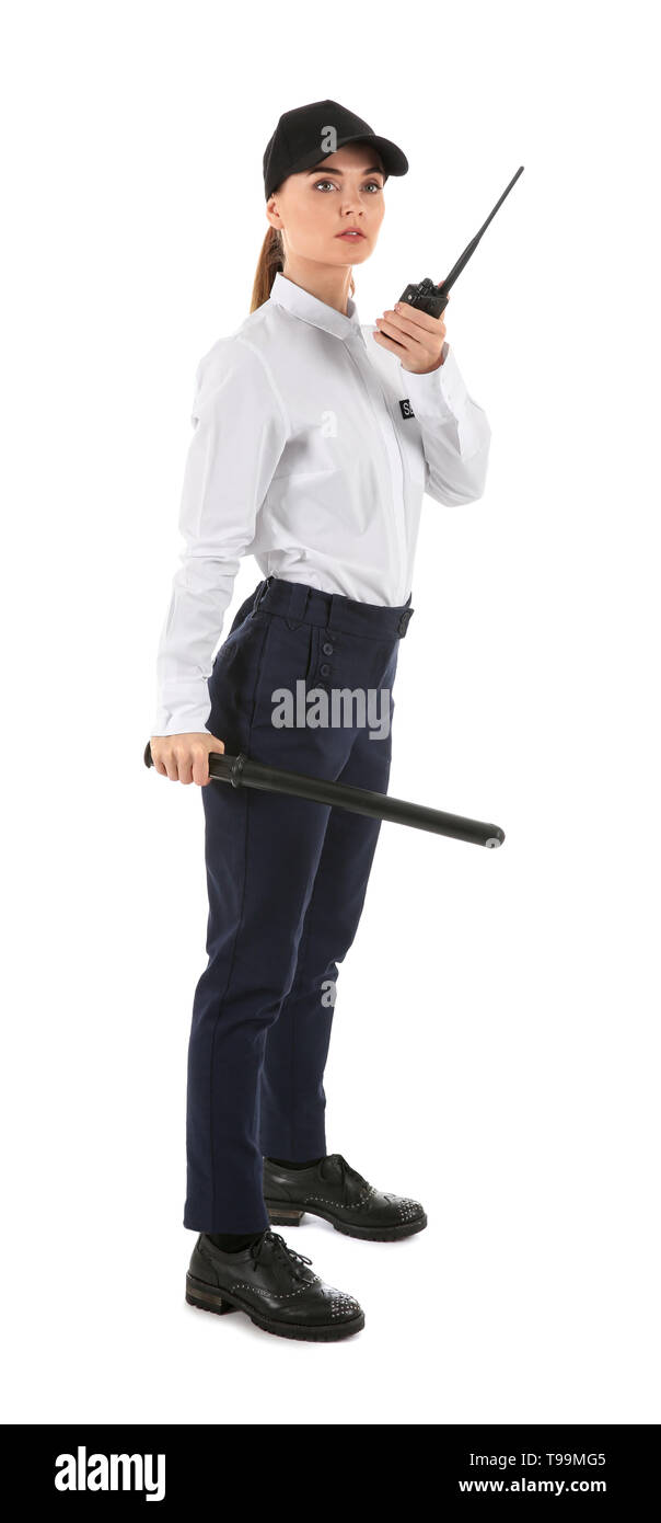 Female security guard with portable radio transmitter on white ...