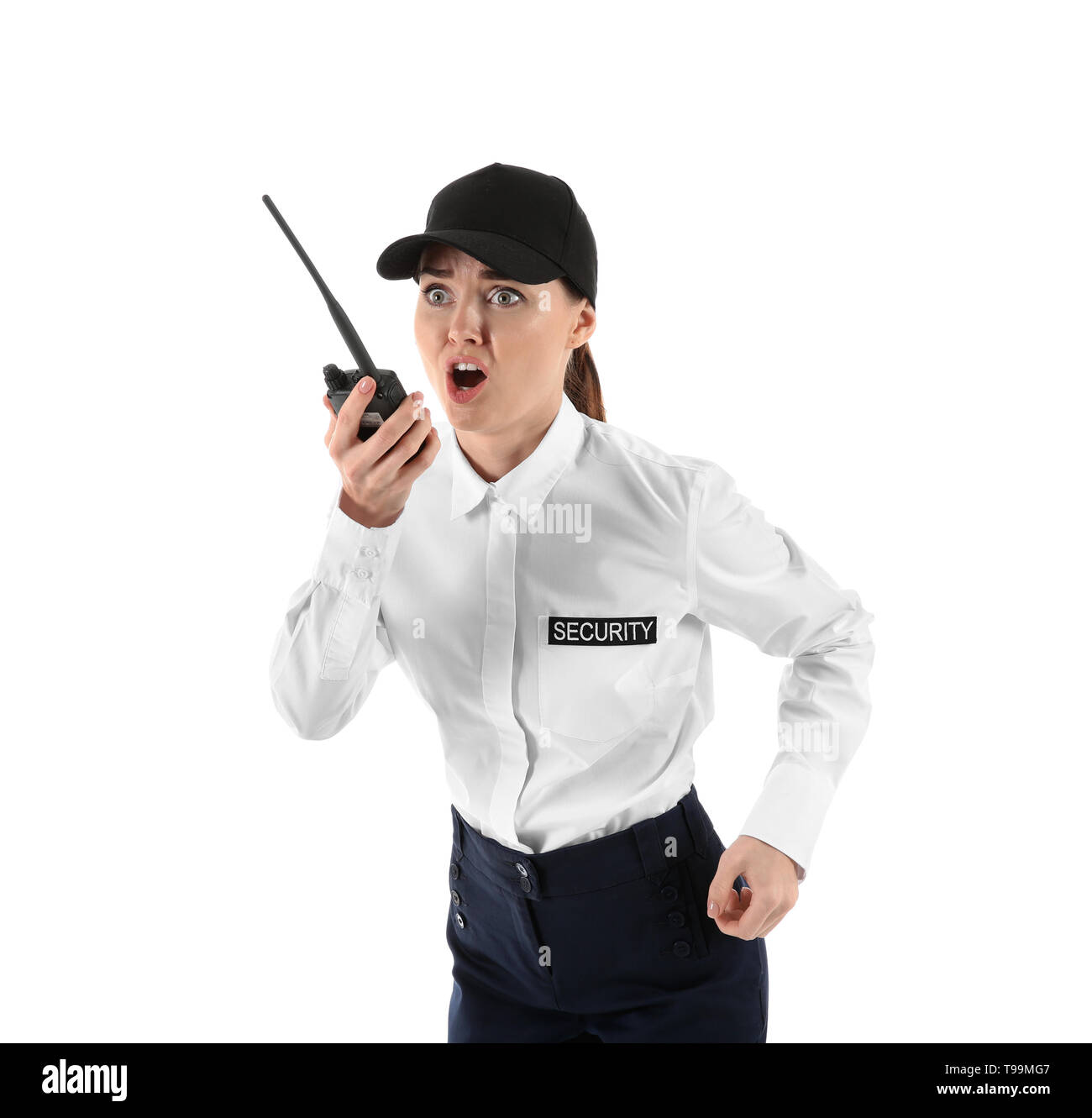 Female security guard with portable radio transmitter on white ...