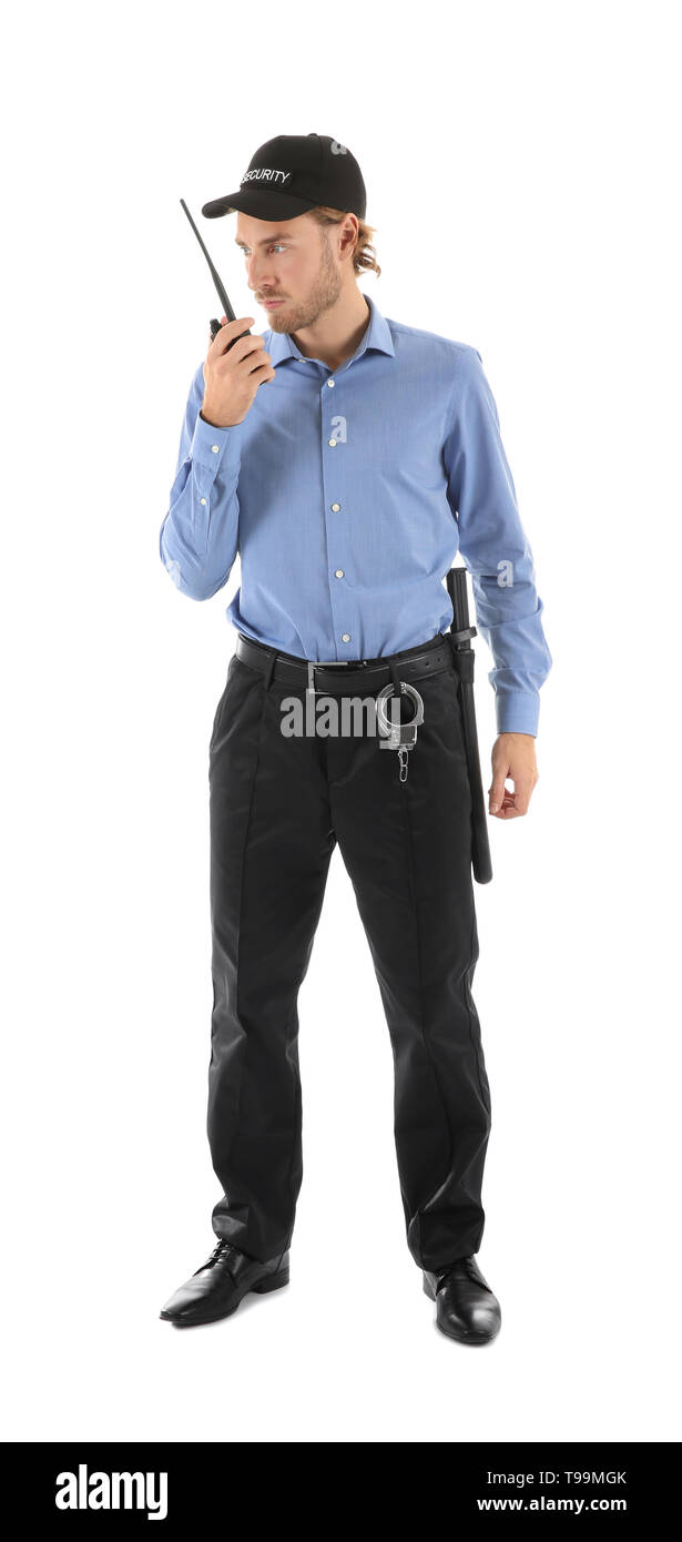 Male security guard with portable radio transmitter on white background ...