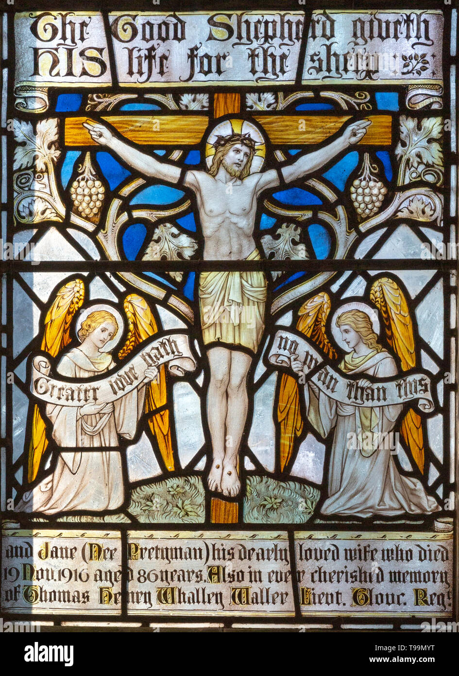 Victorian 19th century stained glass window Jesus Christ crucifixion with angels, Waldringfield ...