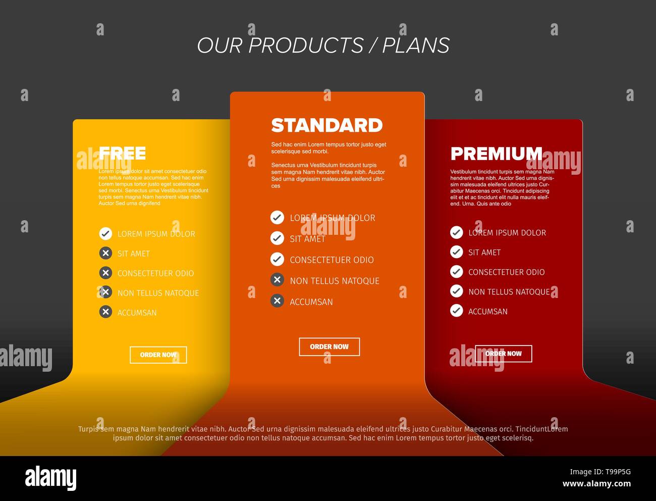 Product features schema template cards with three services, feature ...