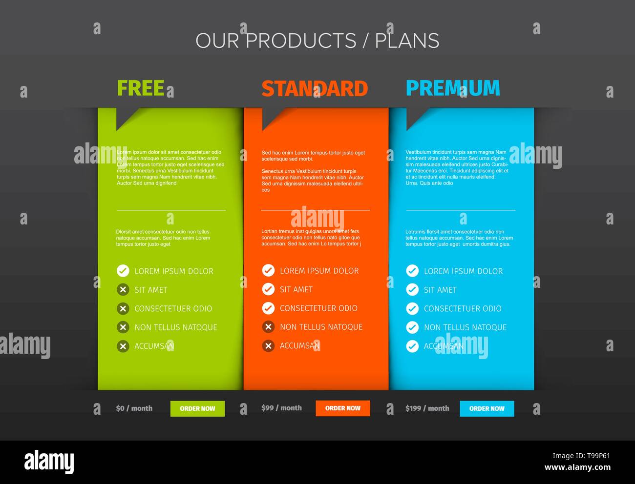 Product features schema template cards with three services, feature ...