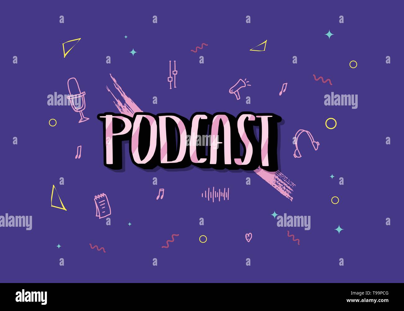Podcast screen with handwritten lettering and decoration. Poster with ...