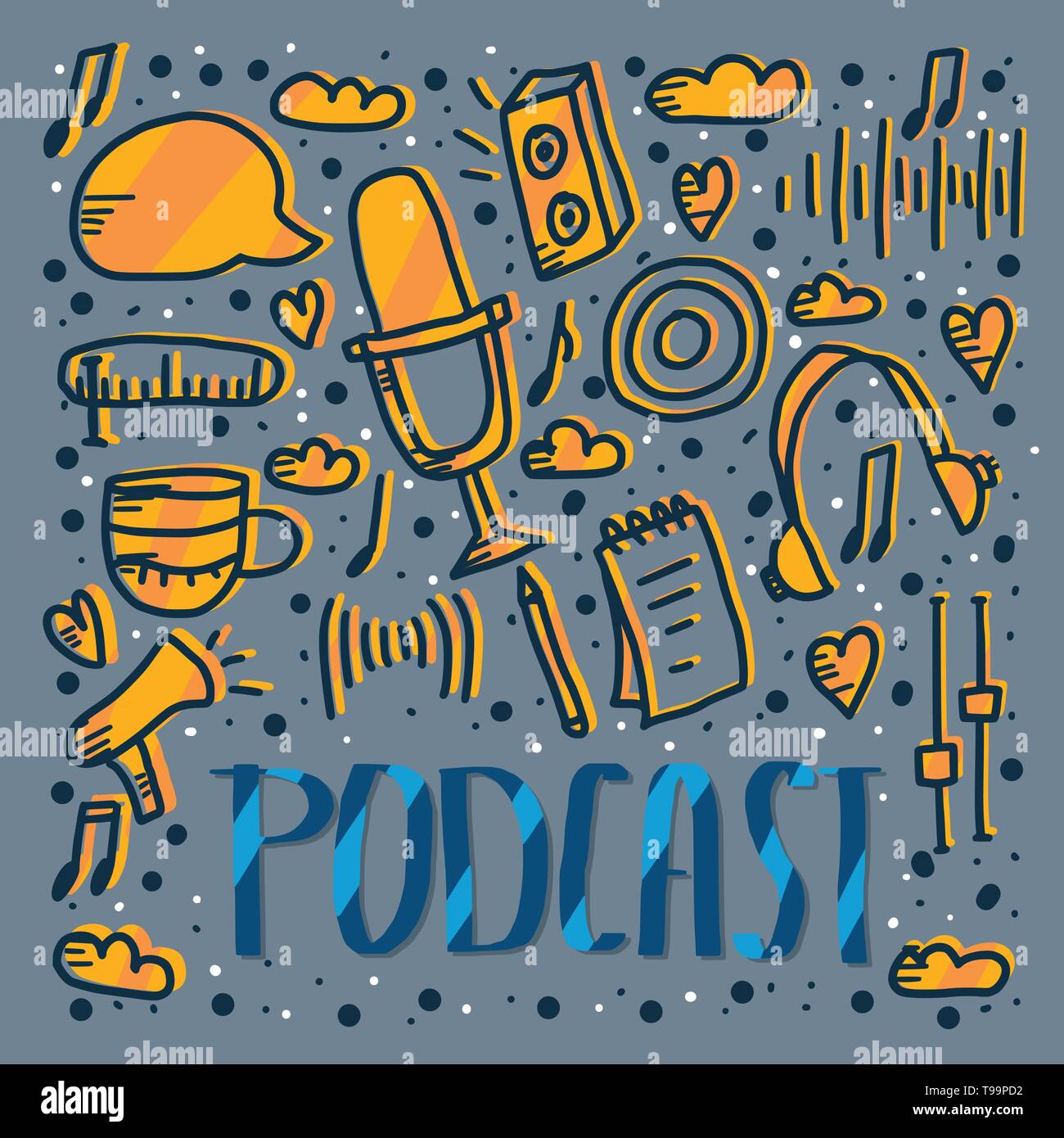 Podcast screen with handwritten lettering and decoration. Poster with ...