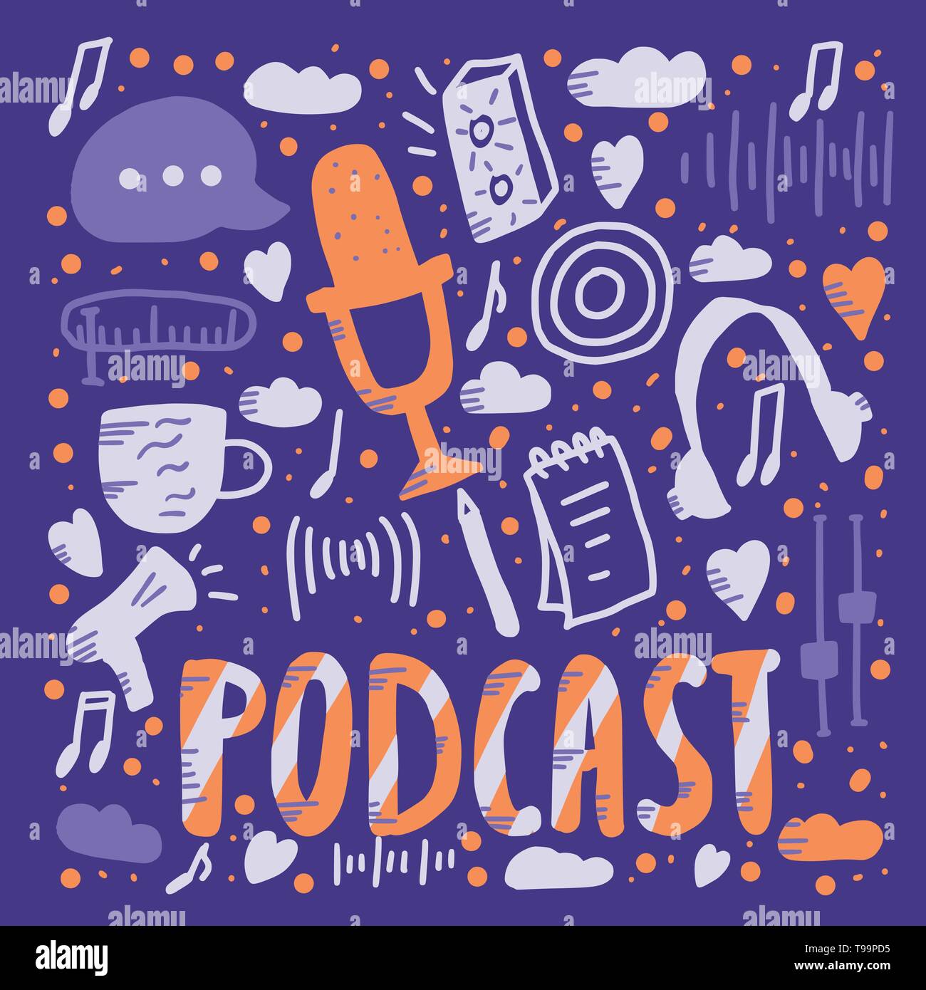 Podcast screen with handwritten lettering and decoration. Poster with ...