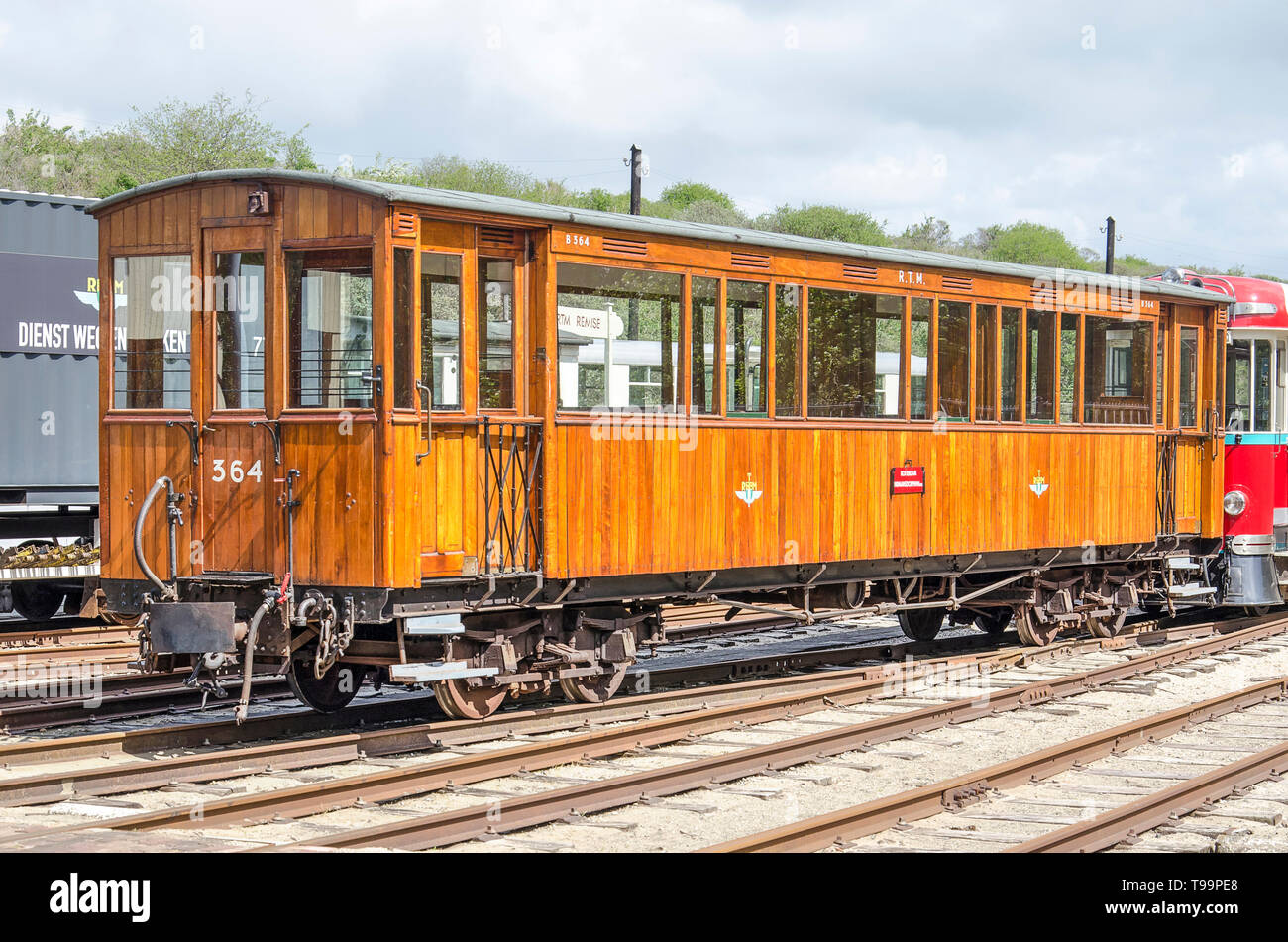 Ouddorp, The Netherlands, May 4, 2019: Classic wooden tramway carriage ...