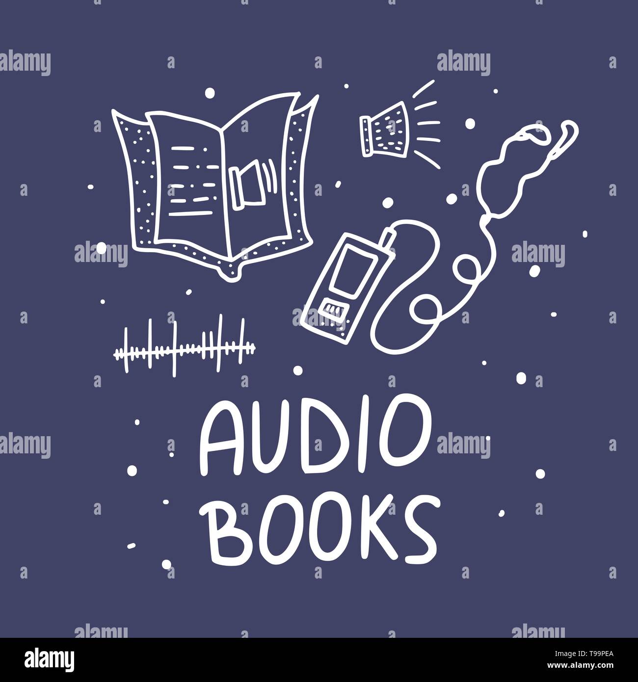 Audiobooks composition in doodle style. Set of audio book symbols with ...