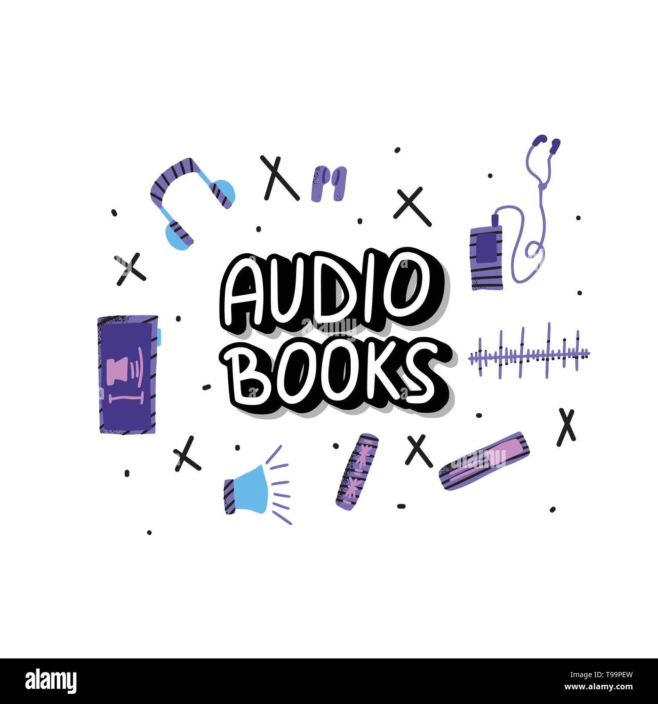 Audiobooks concept. Set of audio book symbols with handwritten ...