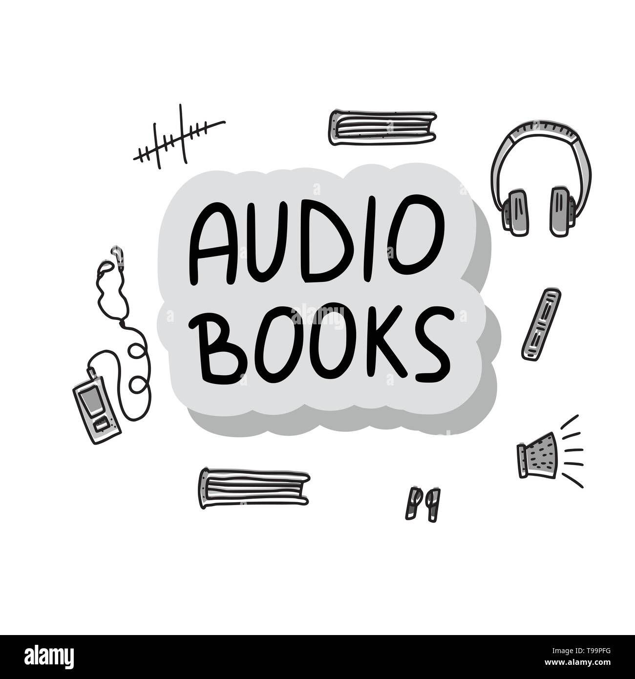 Audiobooks concept. Set of audio book symbols with sticker lettering ...