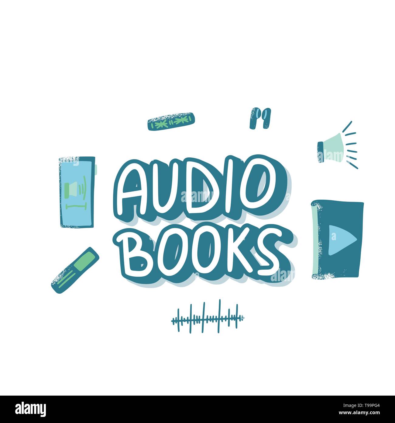 Audiobooks composition. Set of audio book symbols with lettering ...
