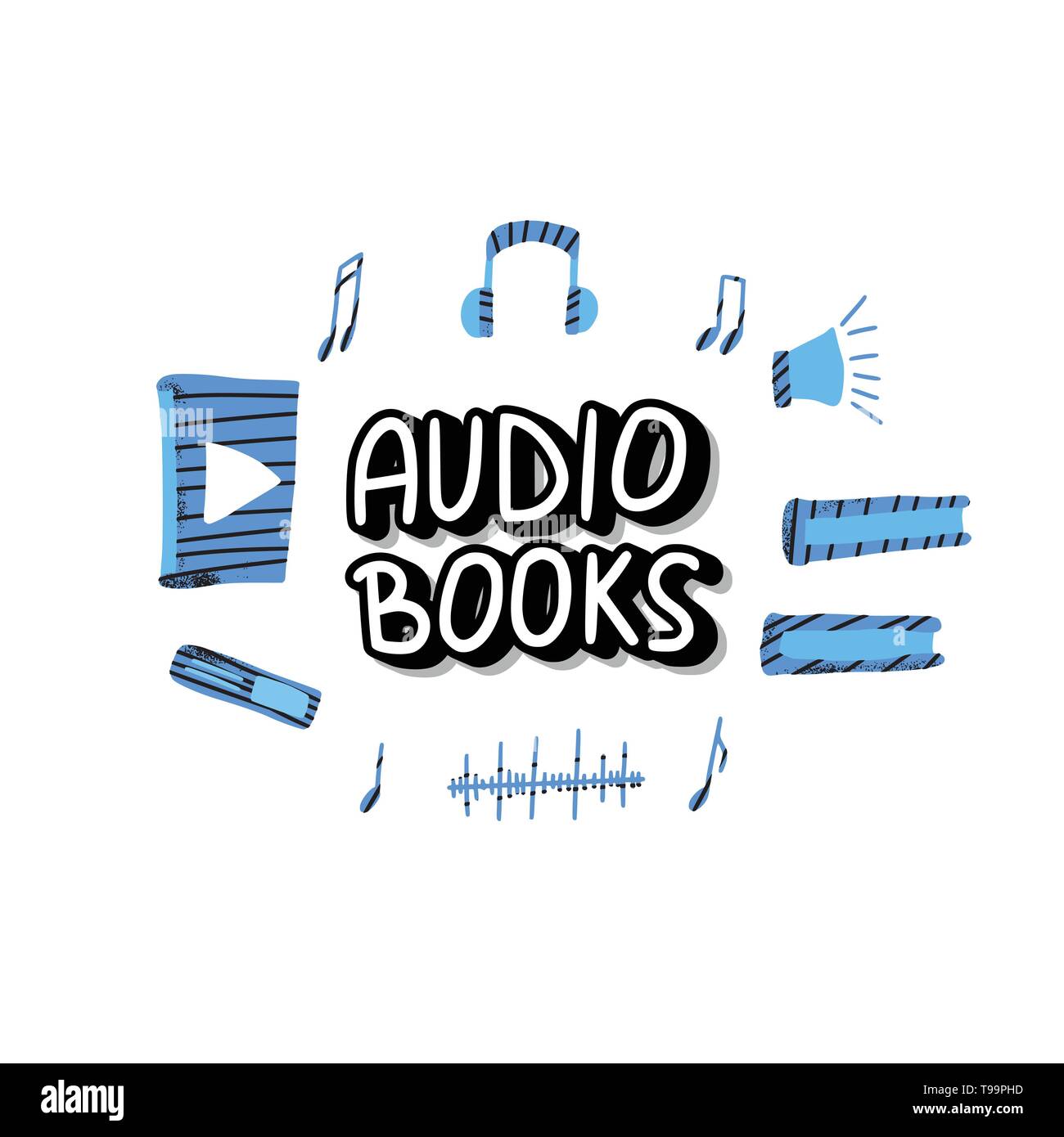 Audiobooks concept. Emblem of audio book symbols with lettering. Vector ...