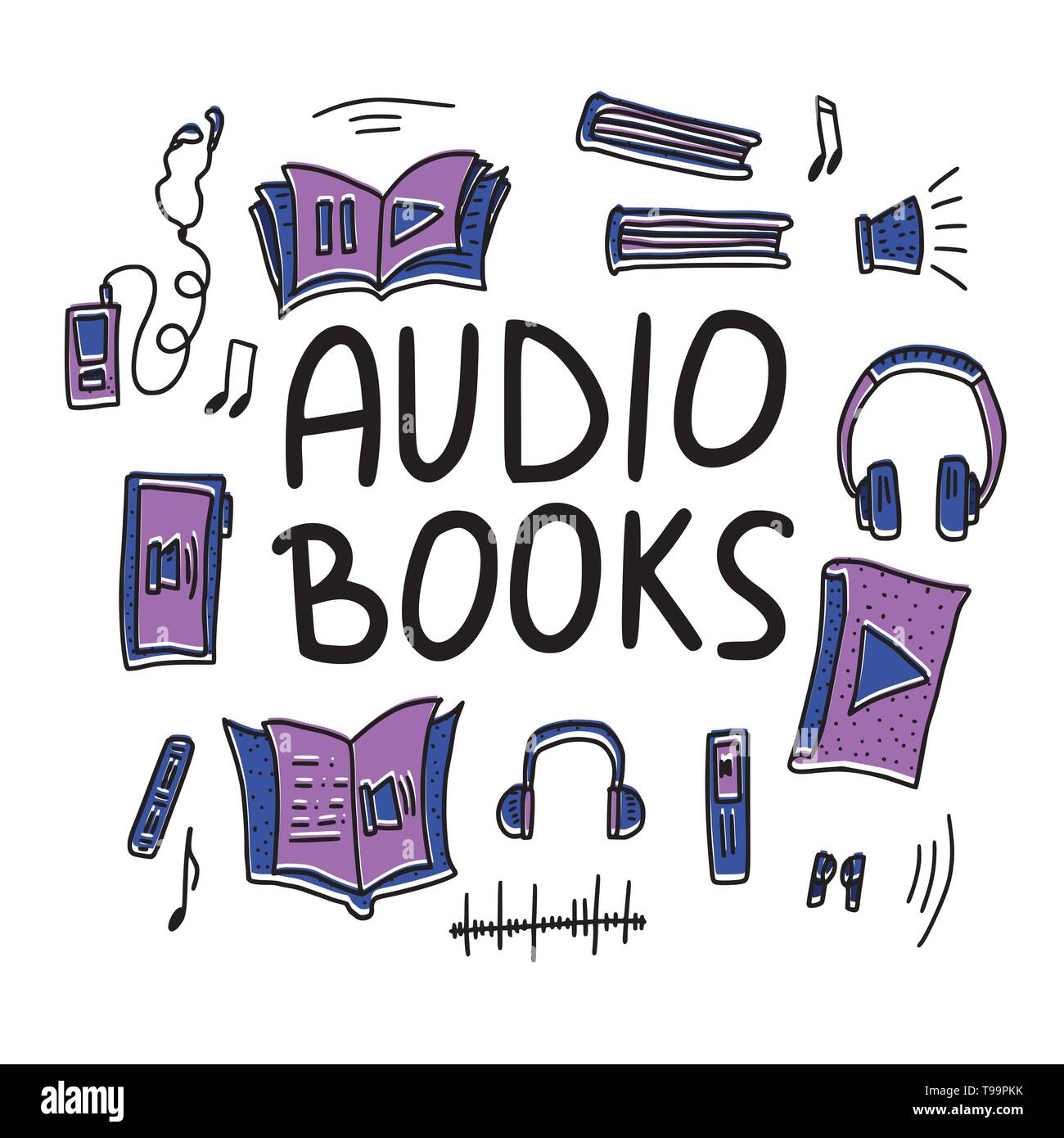 Audiobooks concept. Set of audio book symbols with lettering. Vector ...
