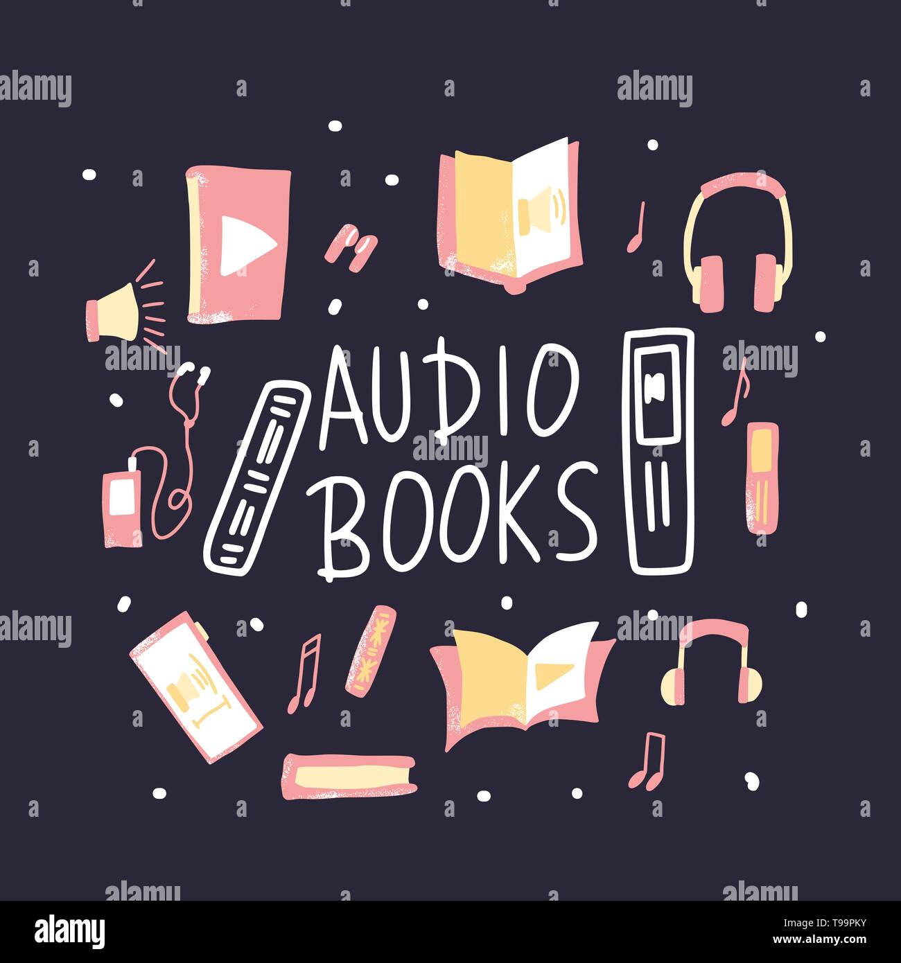 Audiobooks concept. Set of audio book symbols with lettering. Vector ...